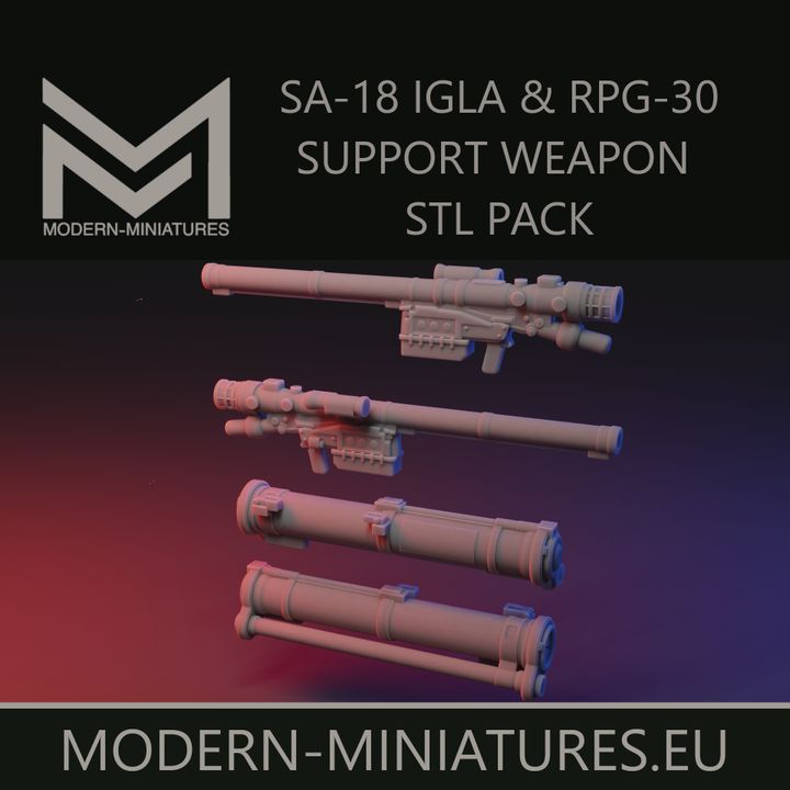 3D Printable Russian Support Weapons PKP MMG, RPK 74, RPG 30, SA-18 IGLA by Modern-Miniatures.eu